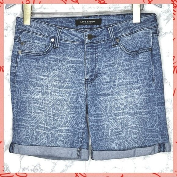 Liverpool | Shorts | Liverpool Light Wash Greek Key Denim Bermuda ...